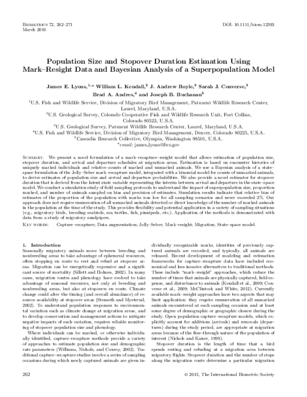 (PDF) Population size and stopover duration estimation using mark-resight data and Bayesian ...