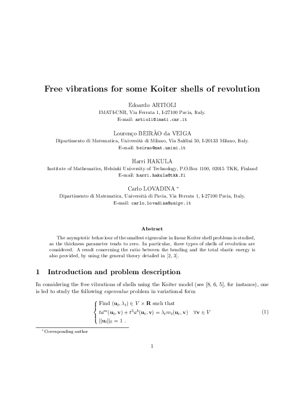 (PDF) Free vibrations for some Koiter shells of revolution