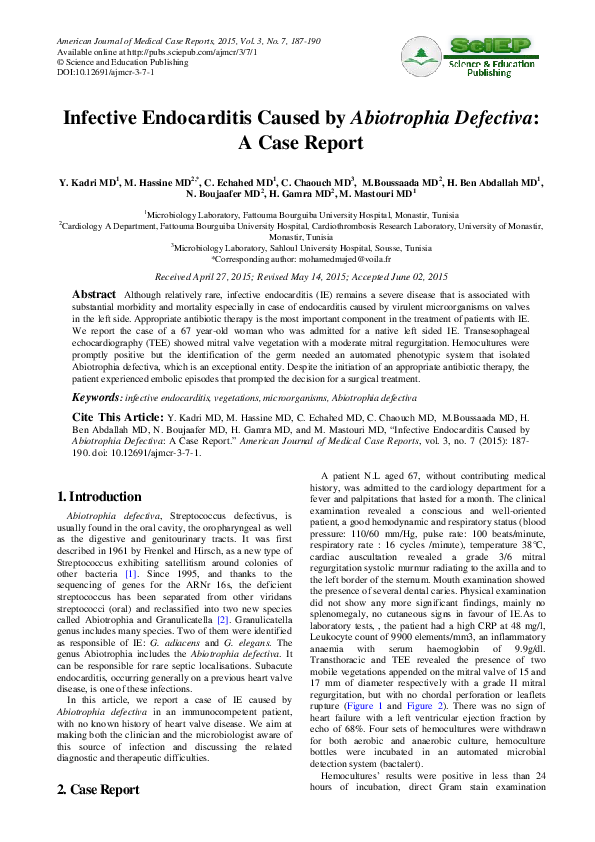 (PDF) Infective Endocarditis Caused by Abiotrophia Defectiva : A Case ...