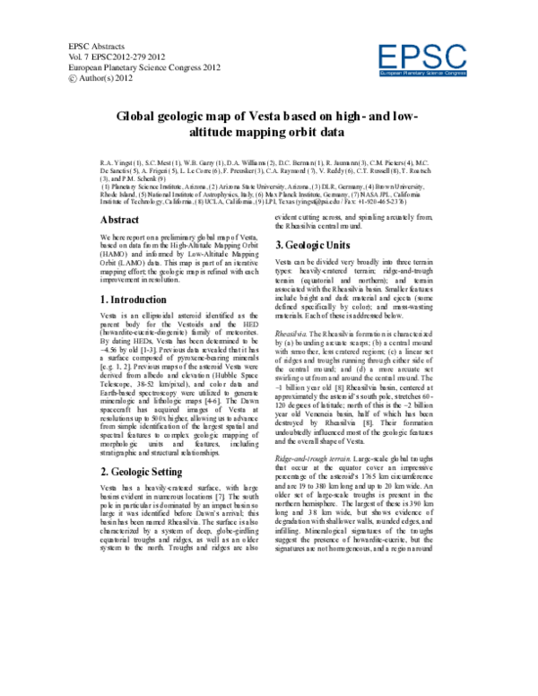 (PDF) Global geologic map of Vesta based on high-and low-Altitude ...