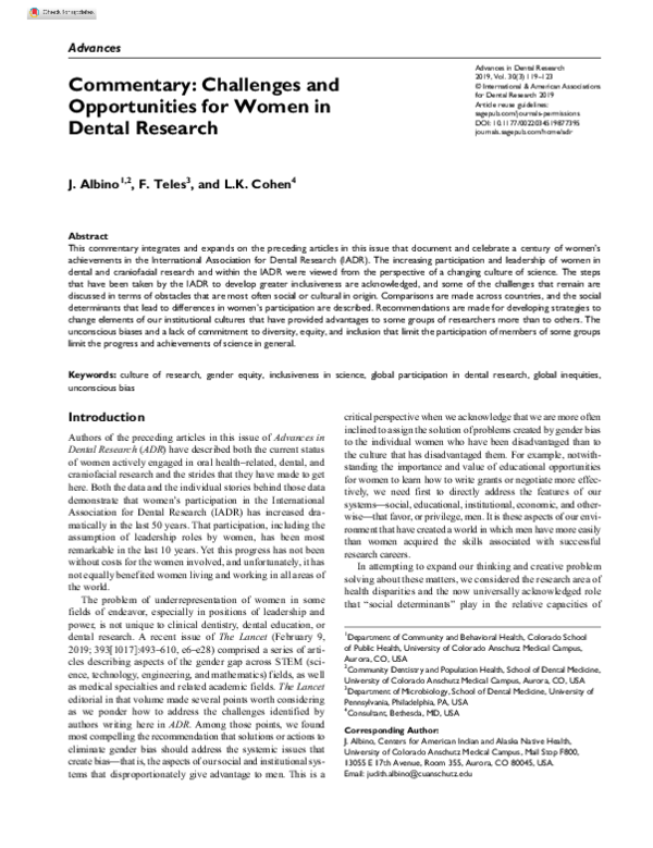(PDF) Commentary: Challenges and Opportunities for Women in Dental Research