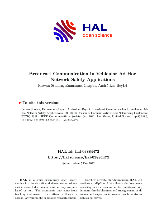 (PDF) Broadcast communication in Vehicular Ad-Hoc Network safety applications