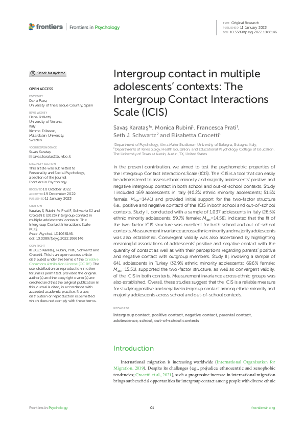 (PDF) Intergroup contact in multiple adolescents’ contexts: The Intergroup Contact Interactions ...