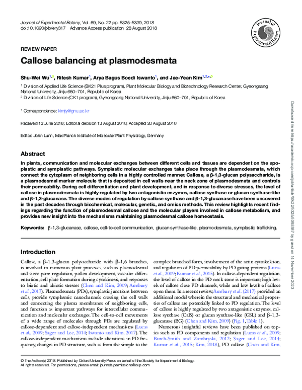 (PDF) Callose Balancing at Plasmodesmata