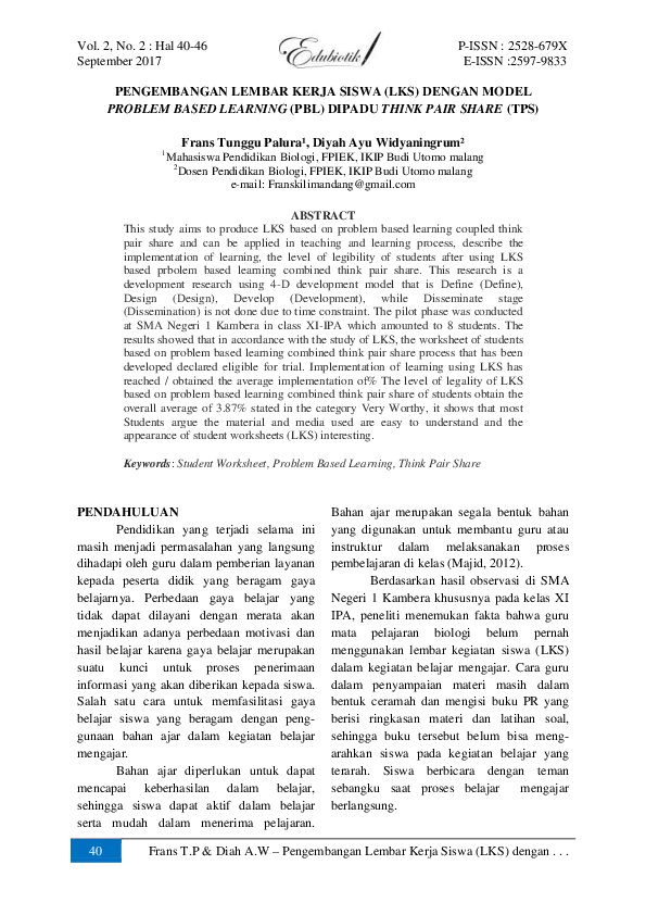 (PDF) Pengembangan Lembar Kerja Siswa (LKS) Dengan Model Problem Based Learning (PBL) Dipadu ...