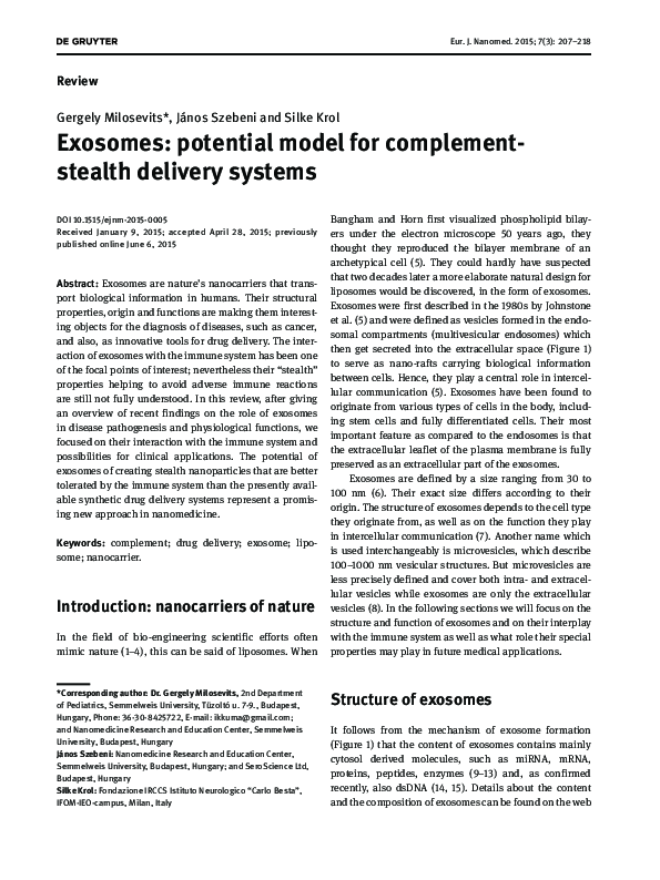 (PDF) Exosomes: potential model for complement-stealth delivery systems
