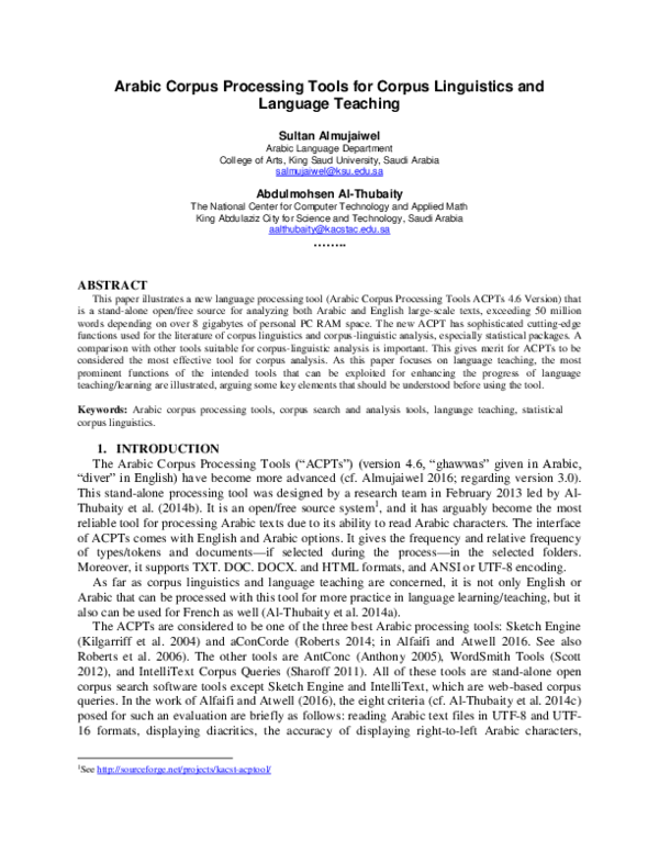 (PDF) Arabic Corpus Processing Tools for Corpus Linguistics and Language Teaching