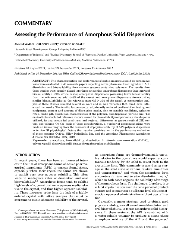 (PDF) Assessing the performance of amorphous solid dispersions
