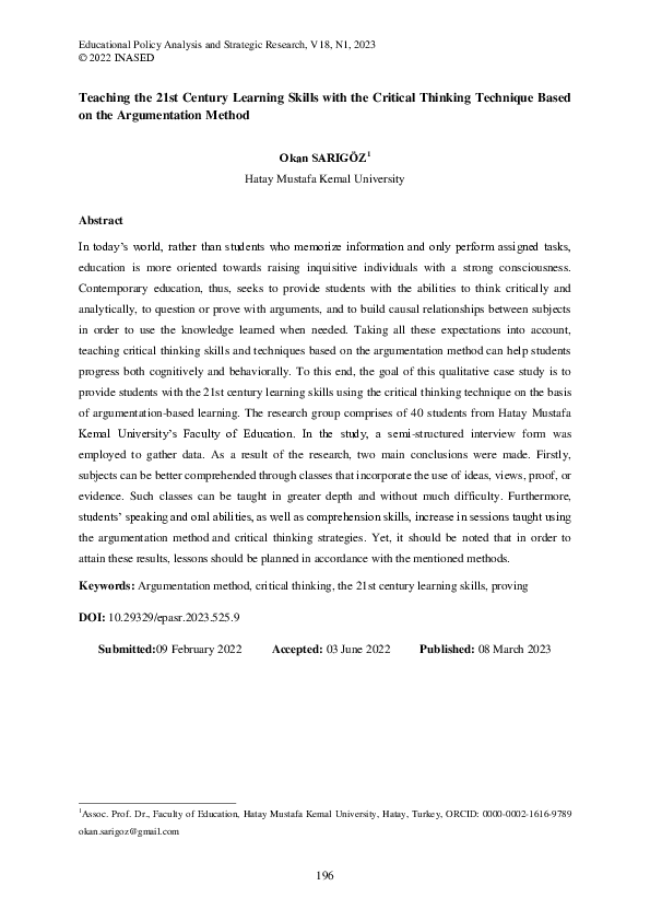 (PDF) Teaching the 21st Century Learning Skills with the Critical Thinking Technique Based on ...