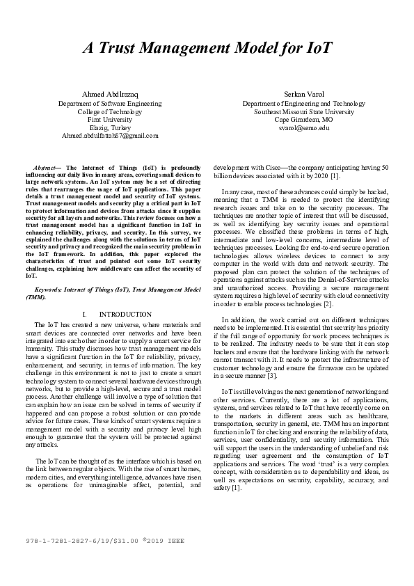 Pdf A Trust Management Model For Iot Ahmed Abdlrazaq