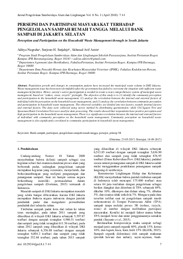 (PDF) Analisis Persepsi Dan Partisipasi Masyarakat Terhadap Pengelolaan Sampah Rumah Tangga DI ...