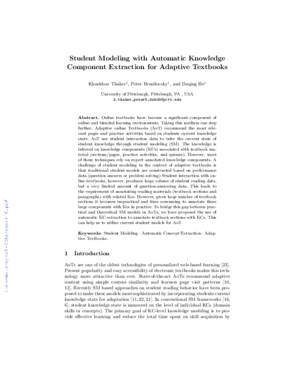 (PDF) Student Modeling with Automatic Knowledge Component Extraction for Adaptive Textbooks