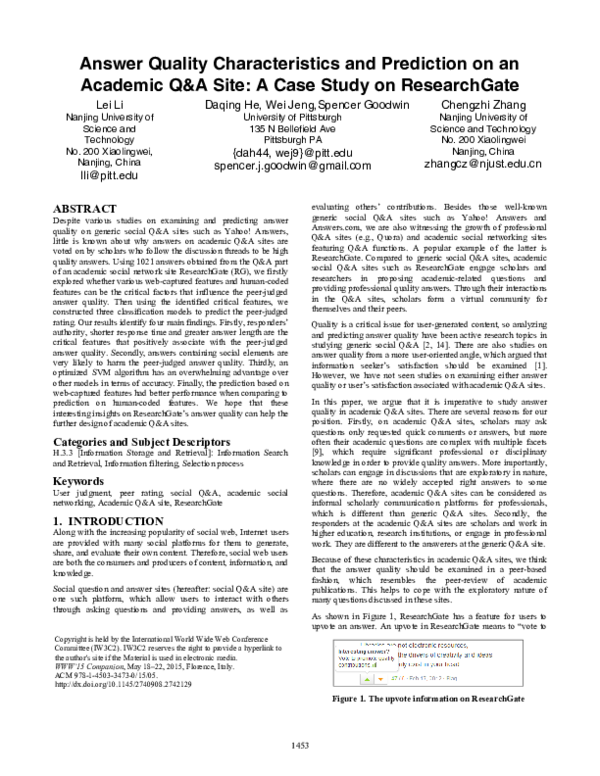 (PDF) Answer Quality Characteristics and Prediction on an Academic Q&A Site