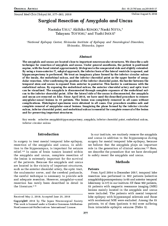 (PDF) Surgical Resection of Amygdala and Uncus