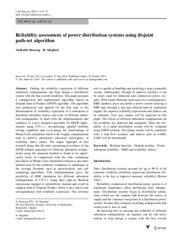 (PDF) Reliability assessment of power distribution systems using disjoint path-set algorithm