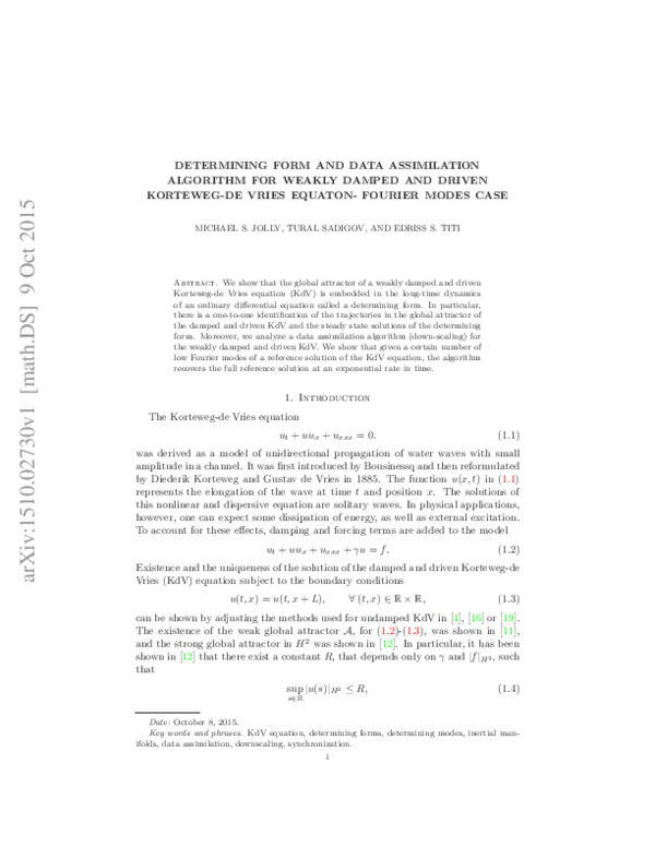 Pdf Determining Form And Data Assimilation Algorithm For Weakly Damped And Driven Korteweg De