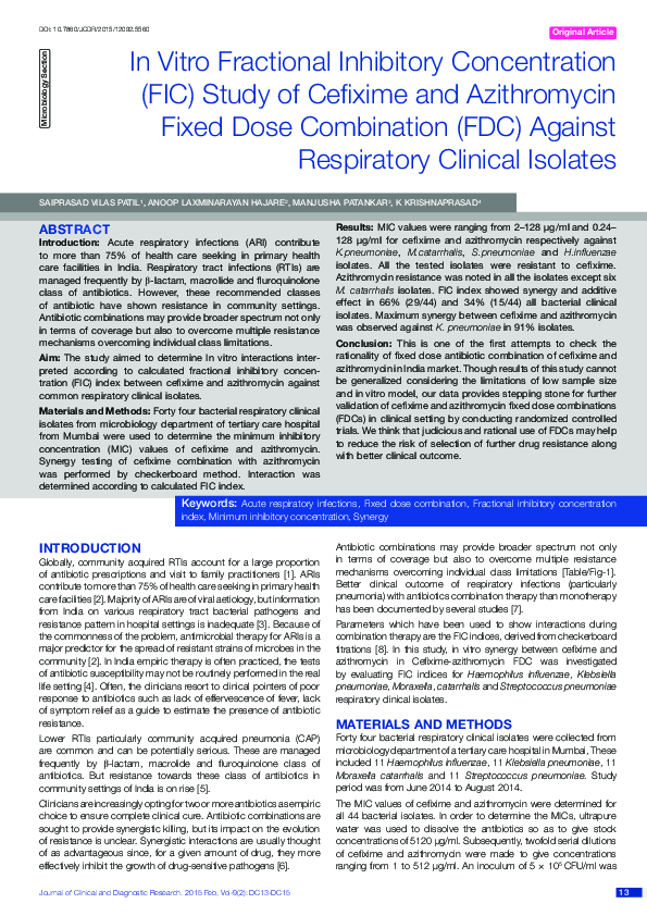 (PDF) In Vitro Fractional Inhibitory Concentration (FIC) Study of Cefixime and Azithromycin ...