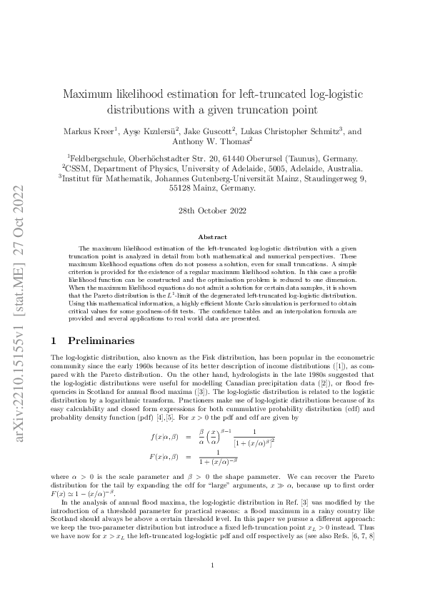 Pdf Maximum Likelihood Estimation For Left Truncated Log Logistic Distributions With A Given