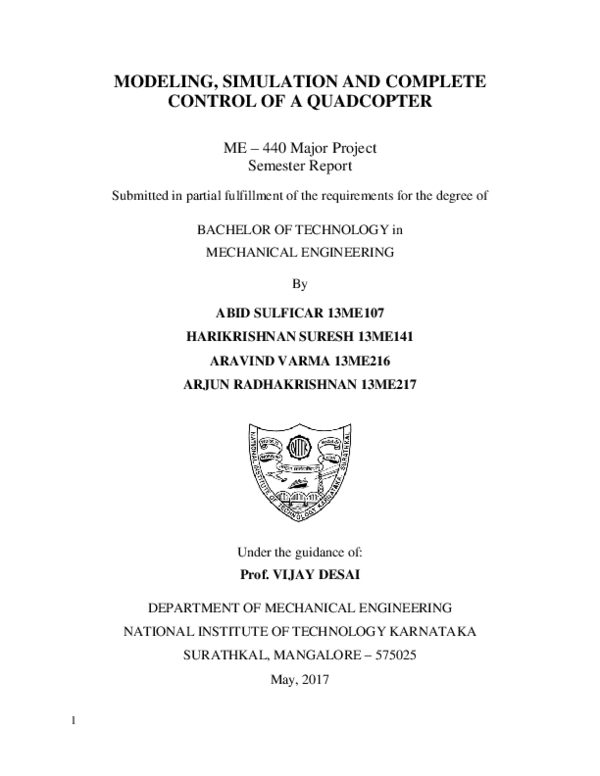 (PDF) Modeling, Simulation and Complete Control of a Quadcopter