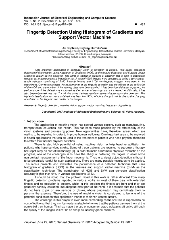 (PDF) Fingertip Detection Using Histogram of Gradients and Support Vector Machine