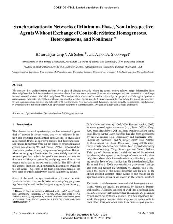 Pdf Synchronization In Networks Of Minimum Phase Non Introspective