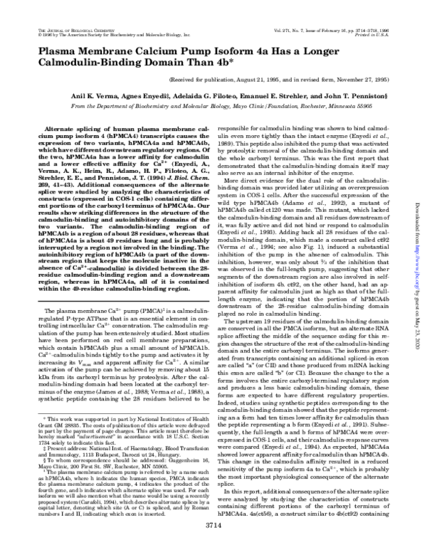 (PDF) Plasma Membrane Calcium Pump Isoform 4a Has a Longer Calmodulin-Binding Domain Than 4b ...