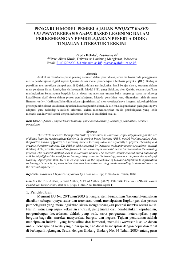 (PDF) PENGARUH MODEL PEMBELAJARAN PROJECT BASED LEARNING BERBASIS GAME-BASED LEARNING DALAM ...