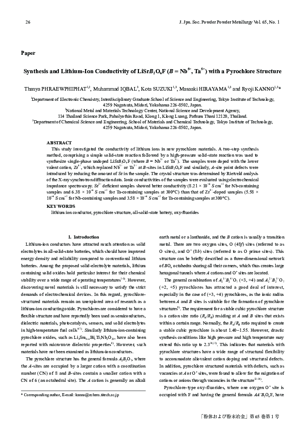 (PDF) Synthesis and Lithium-Ion Conductivity of LiSrB2O6F (B = Nb5 ...