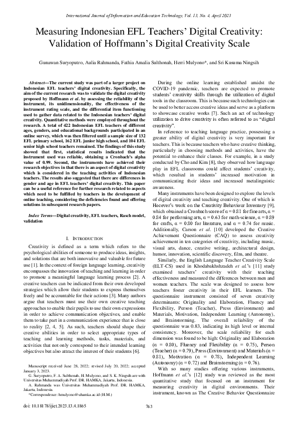 (PDF) Measuring Indonesian EFL Teachers‘ Digital Creativity: Validation of Hoffmann‘s Digital ...