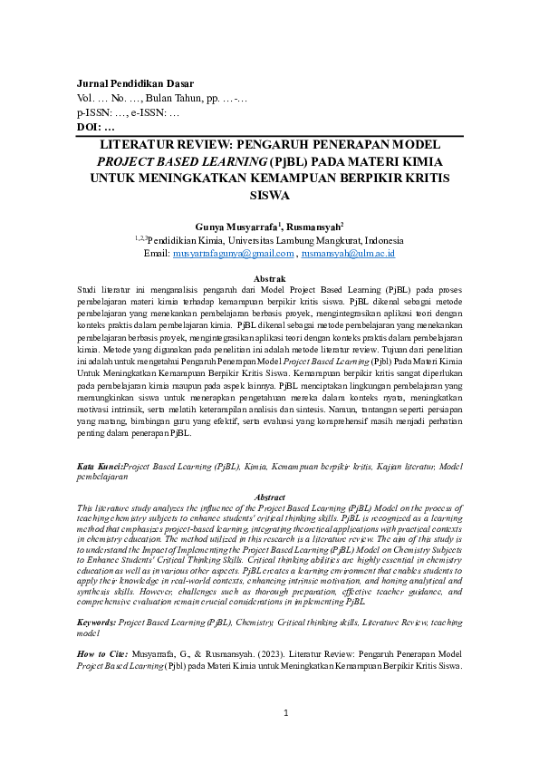 (PDF) LITERATUR REVIEW: PENGARUH PENERAPAN MODEL PROJECT BASED LEARNING (PjBL) PADA MATERI KIMIA ...
