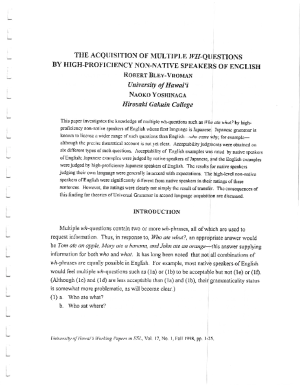 (PDF) The Acquisition of Multiple wh-questions by High-proficiency Non ...