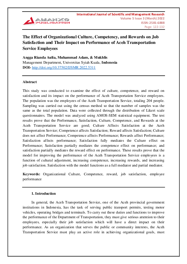(PDF) The Effect of Organizational Culture, Competency, and Rewards on Job Satisfaction and ...