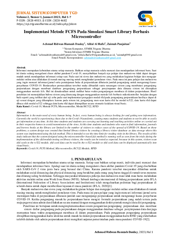 (PDF) Implementasi Metode FCFS Pada Simulasi Smart Library Berbasis Microcontroller