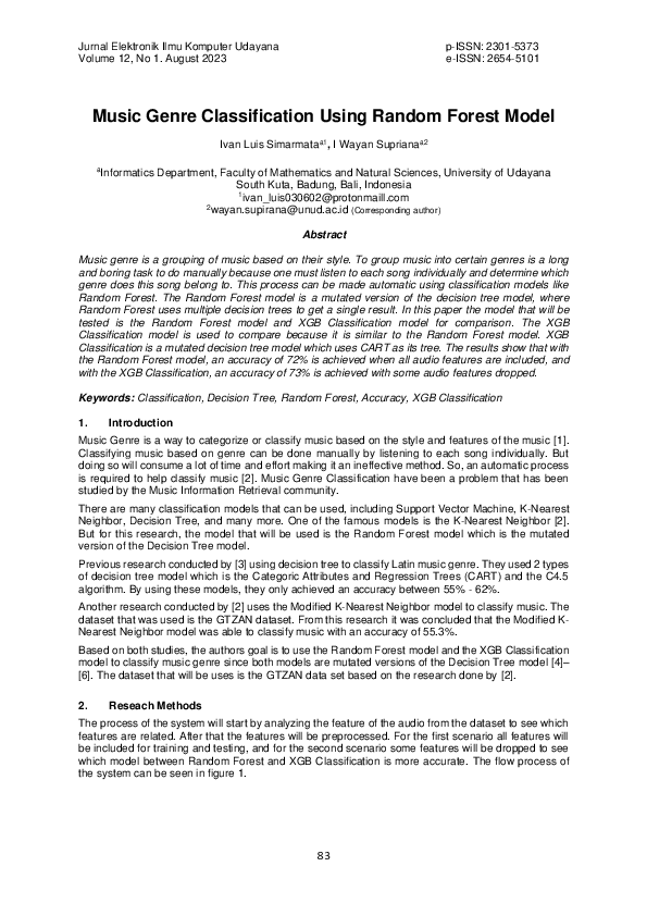 (PDF) Music Genre Classification Using Random Forest Model