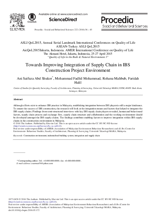 (PDF) Towards Improving Integration of Supply Chain in IBS Construction Project Environment