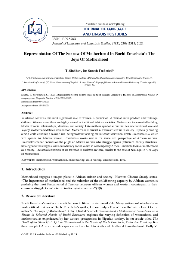 (PDF) Representation Of The Sorrow Of Motherhood In Buchi Emecheta’s ...