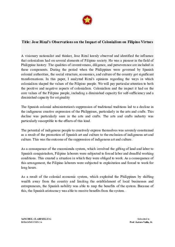 (PDF) Jose Rizal's Observations on the Impact of Colonialism on ...