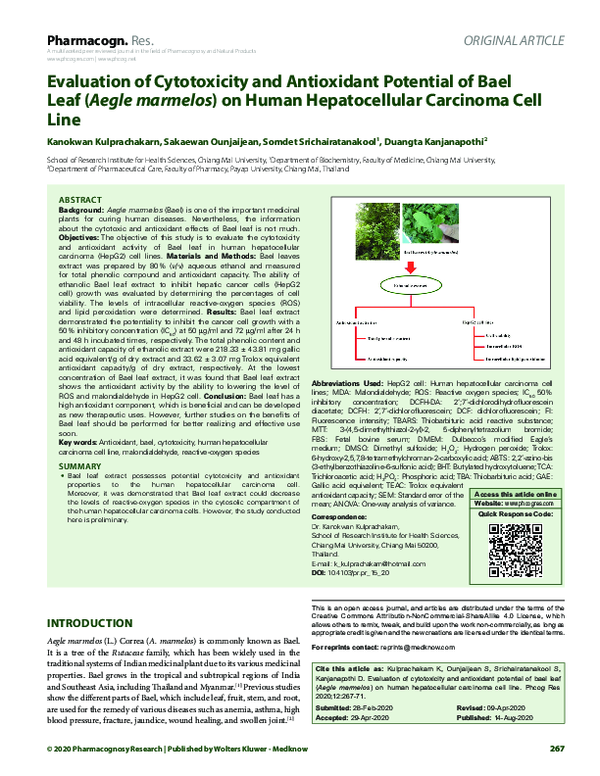 (PDF) Evaluation of cytotoxicity and antioxidant potential of bael leaf (Aegle marmelos) on ...