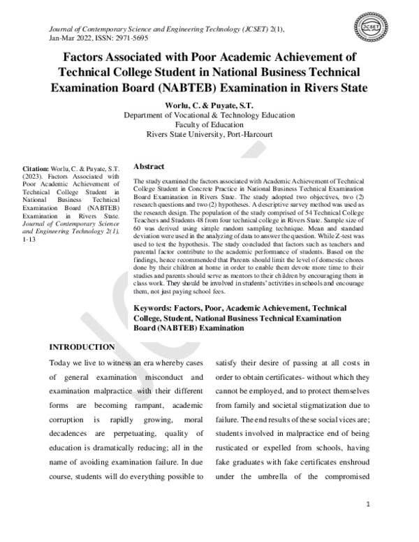 (PDF) Factors Associated with Poor Academic Achievement of Technical ...