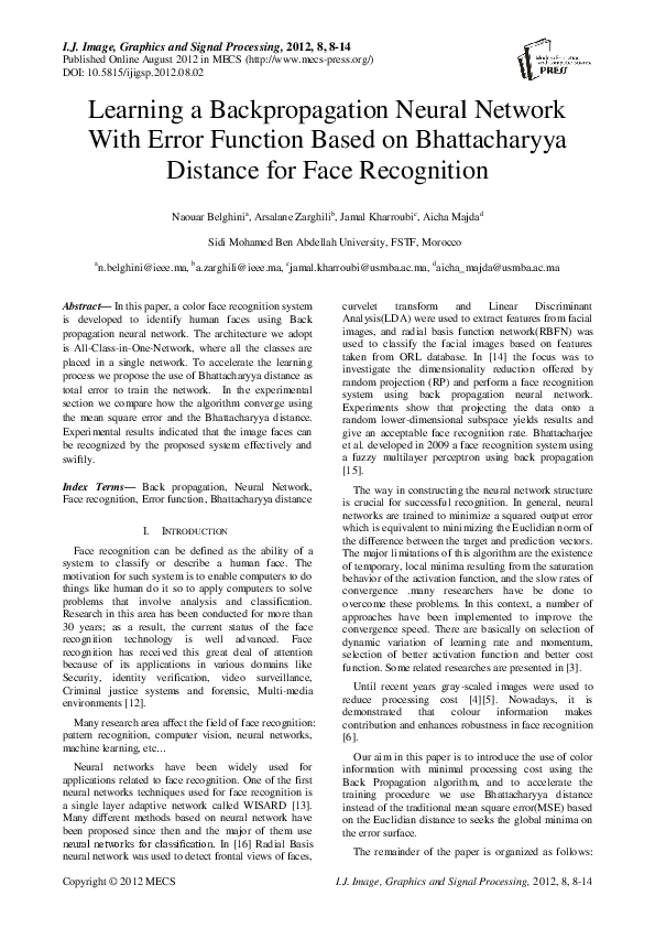 Pdf Learning A Backpropagation Neural Network With Error Function Based On Bhattacharyya
