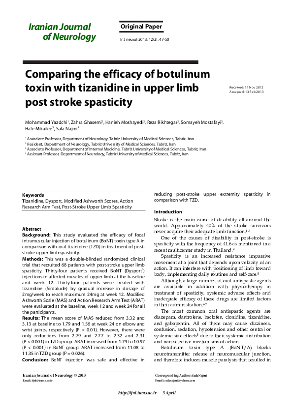 (PDF) Comparing the efficacy of botulinum toxin with tizanidine in ...