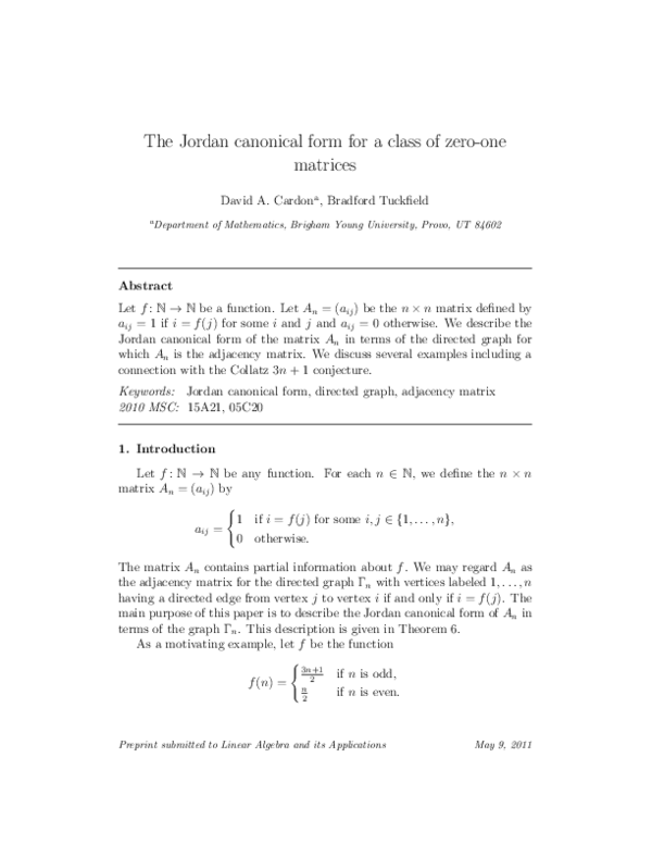 (PDF) The Jordan canonical form for a class of zero–one matrices