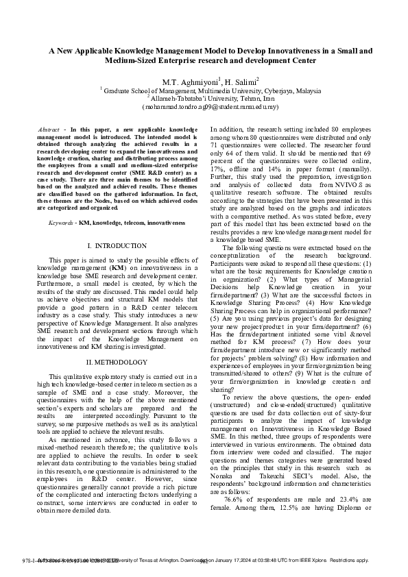 (PDF) A New Applicable Knowledge Management Model to Develop Innovativeness in a Small and ...