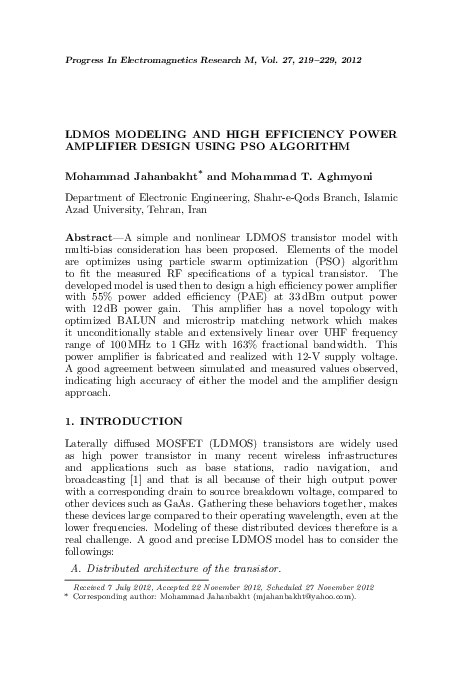 (PDF) LDMOS MODELING AND HIGH EFFICIENCY POWER AMPLIFIER DESIGN USING PSO ALGORITHM