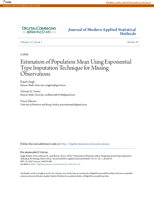 Pdf Estimation Of Population Mean Using Exponential Type Imputation Technique For Missing