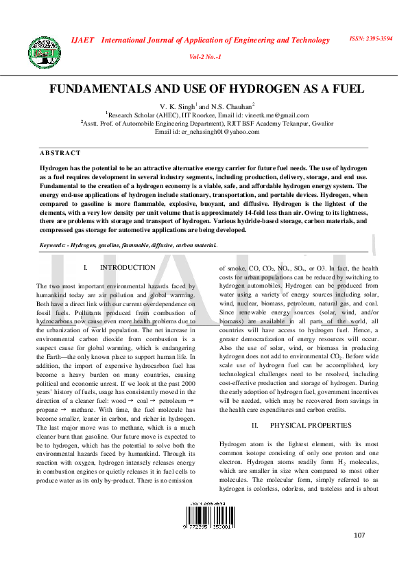 (PDF) Fundamentals and Use of Hydrogen as a Fuel