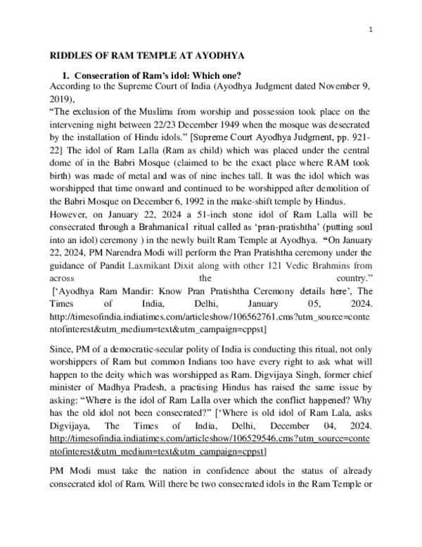 (PDF) RIDDLES OF AYODHYA RAM TEMPLE | Shamsul Islam - Academia.edu