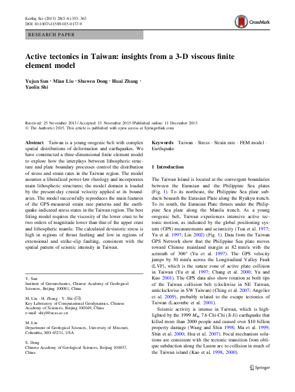 (PDF) Active tectonics in Taiwan: insights from a 3-D viscous finite ...