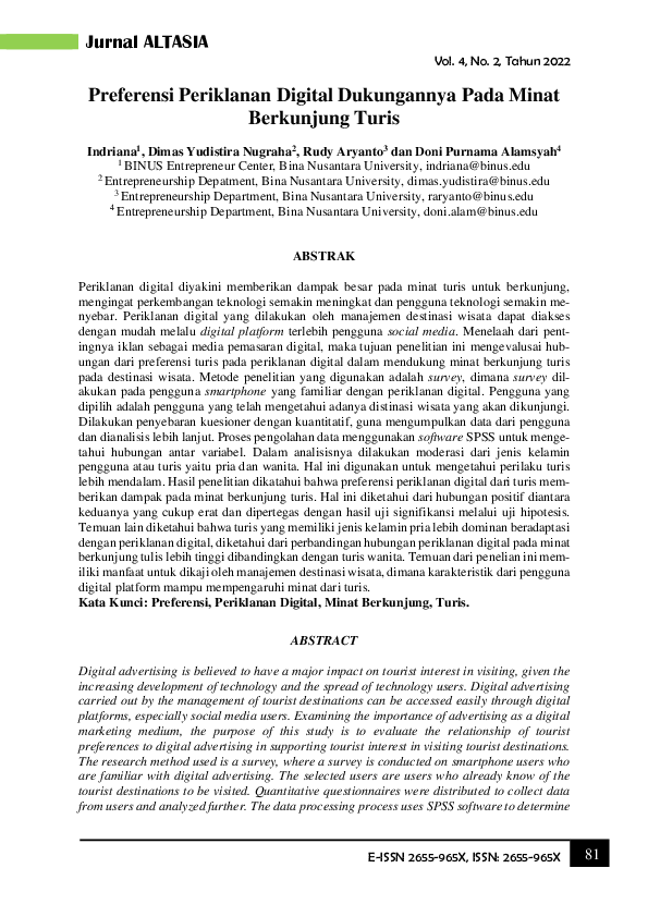 (PDF) Preferensi Periklanan Digital Dukungannya Pada Minat Berkunjung Turis