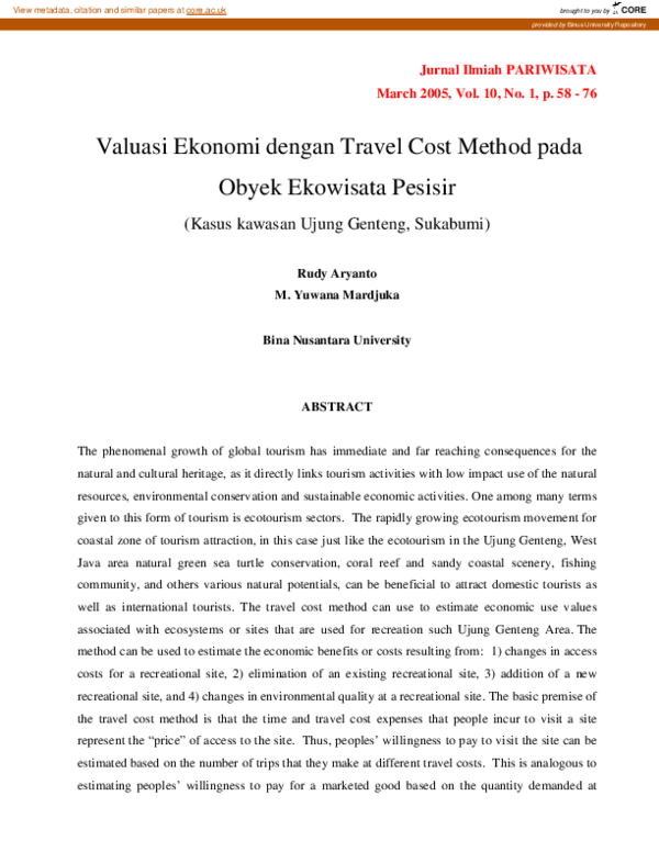 (PDF) Valuasi Ekonomi dengan Travel Cost Method pada Obyek Ekowisata ...